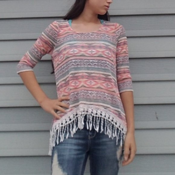 Almost Famous | Tops | 23 Almost Famous Crochet Aztec Tribal Fringe Top ...
